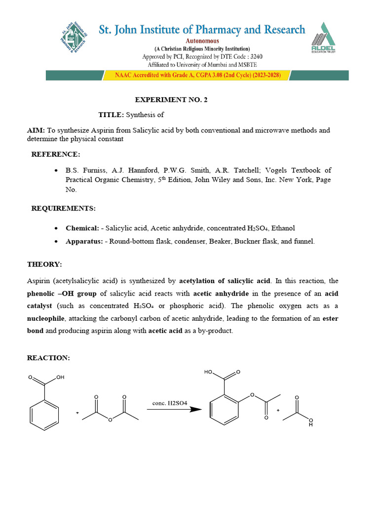 Experiment No 2 Synthesis of Aspirin - PBM | PDF | Aspirin ...