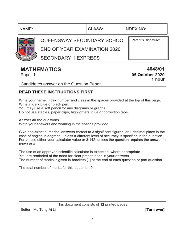 Secondary 1 Express Mathematics Exam 2020 | PDF | Significant Figures ...