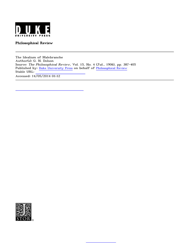 The Idealism of Malebranche (Philosophical Review, Vol. 15, Issue 4 ...