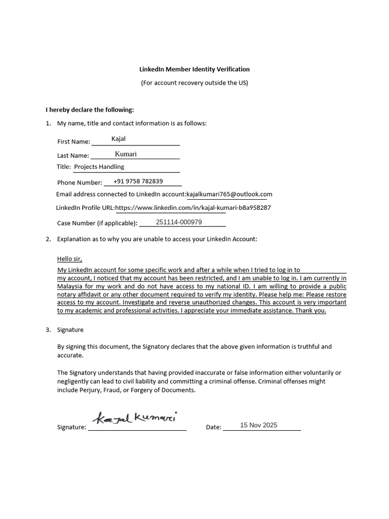 LinkedIn Account Recovery Request Form | PDF | Affidavit | Common Law