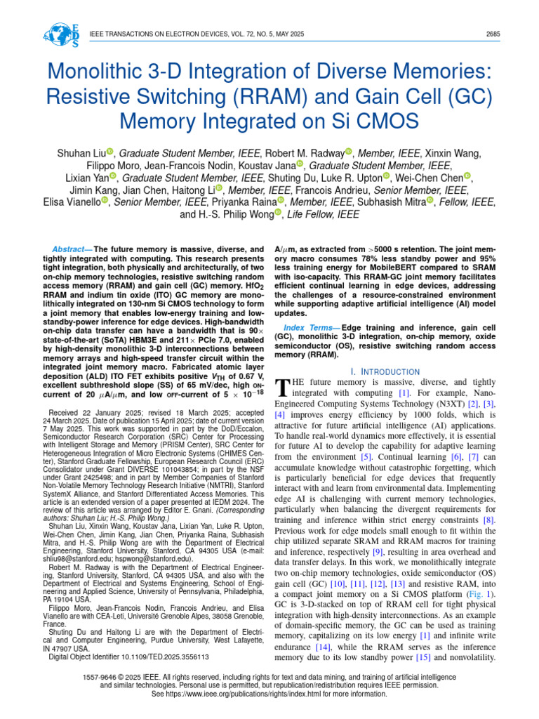 Monolithic 3-D Integration of Diverse Memories Resistive Switching RRAM ...