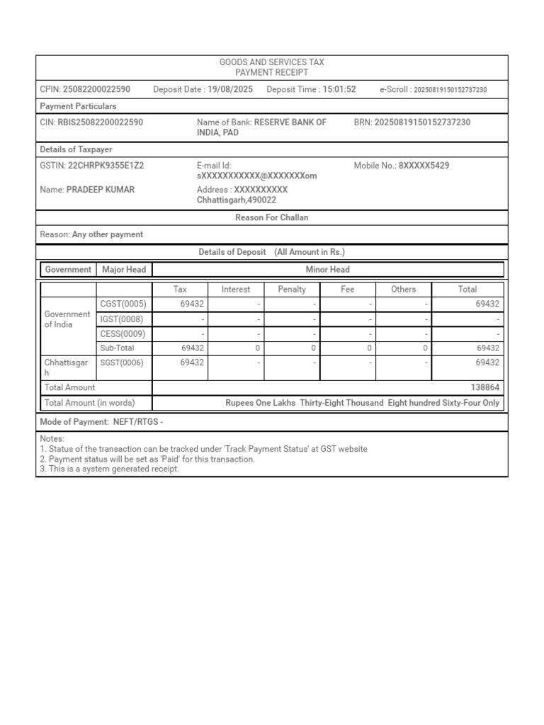 GST Payment Receipt for Pradeep Kumar | PDF
