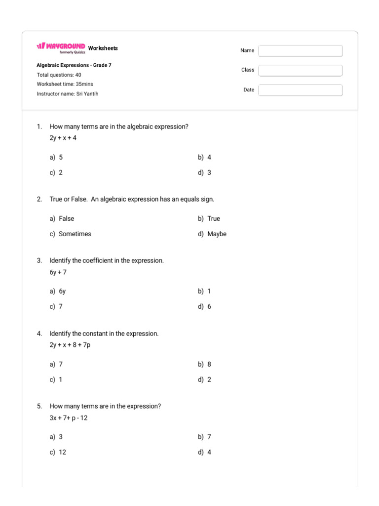 Algebraic Expressions - Grade 7 - Wayground | PDF | Variable ...