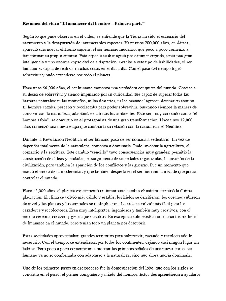 Resumen - El Amanecer Del Hombre, Primera Parte PDF | PDF | Humano | Nómada