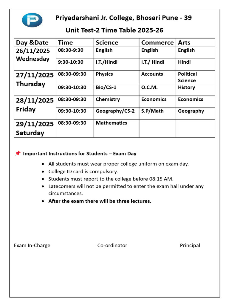 Priyadarshani Jr. College Unit Test Timetable | PDF