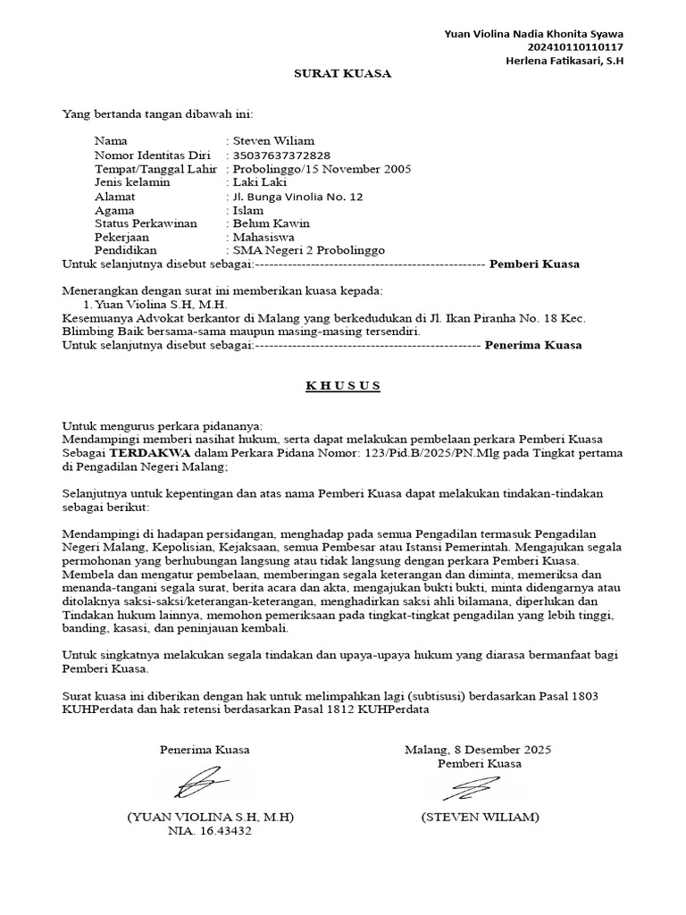 Surat Kuasa Pidana Steven Wiliam | PDF