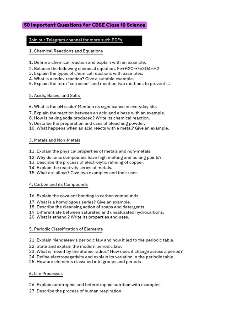 Class 10th All Subjects Important Questions | PDF | Chemical Compounds ...