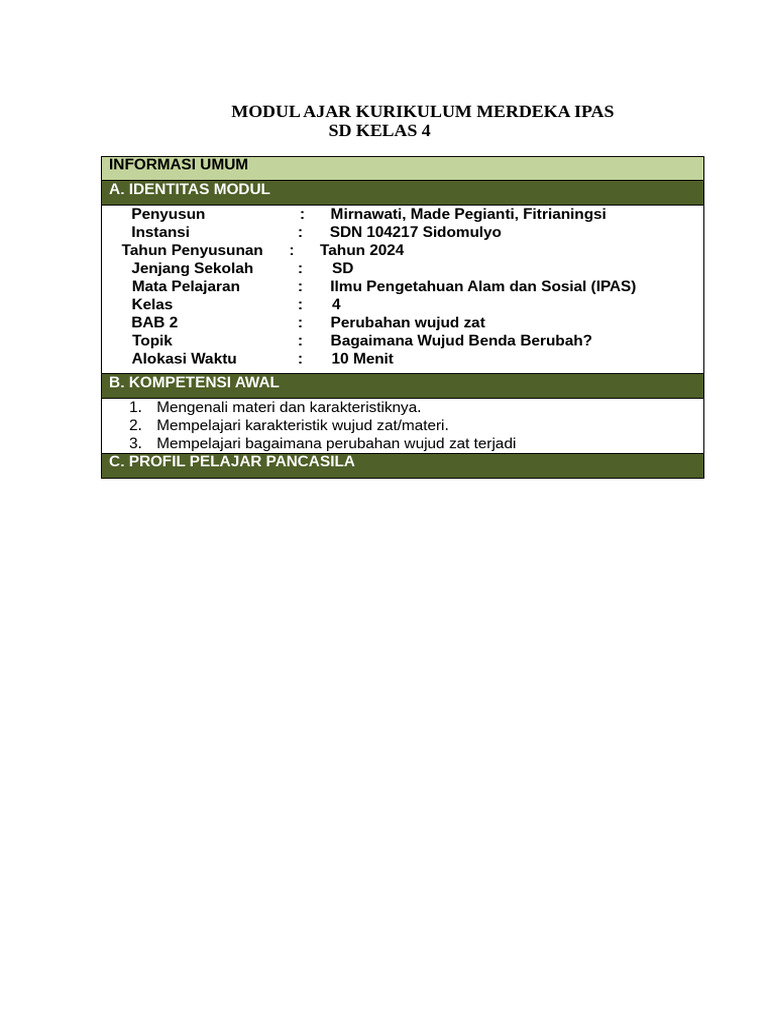 Modul Ajar IPAS SD Kelas 4: Perubahan Zat | PDF