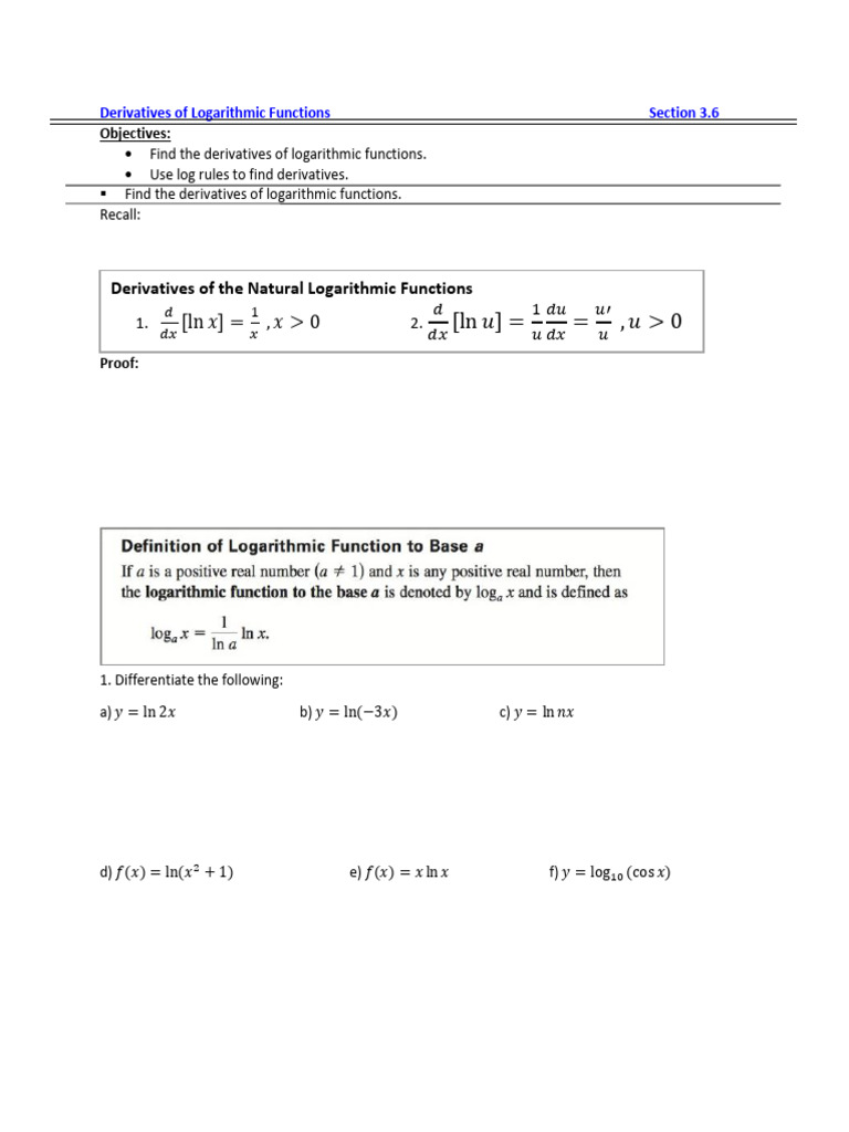 3.6 - Derivatives of Logarithmic Functions | PDF