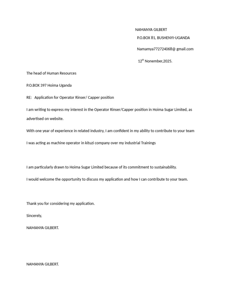Application for Operator Position at Hoima Sugar | PDF