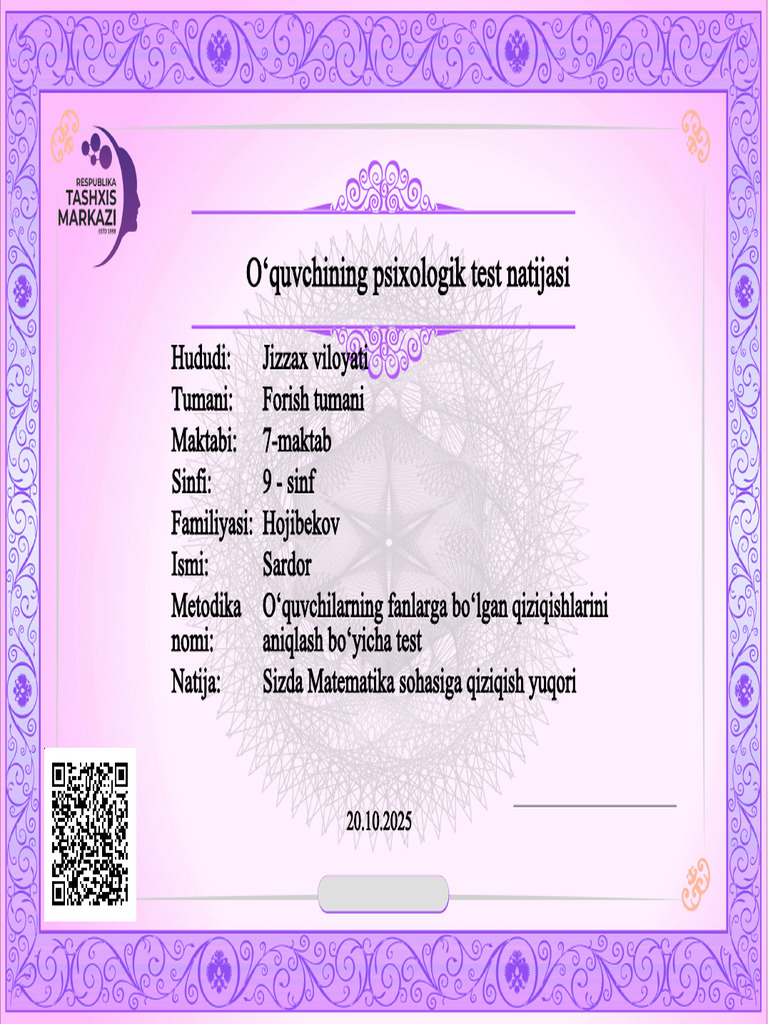 O Quvchining Psixologik Test Natijasi | PDF