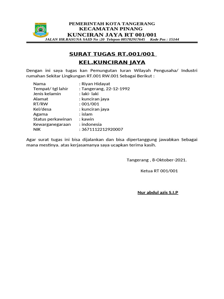 Surat Tugas Pemungutan Iuran RT 001/001 | PDF
