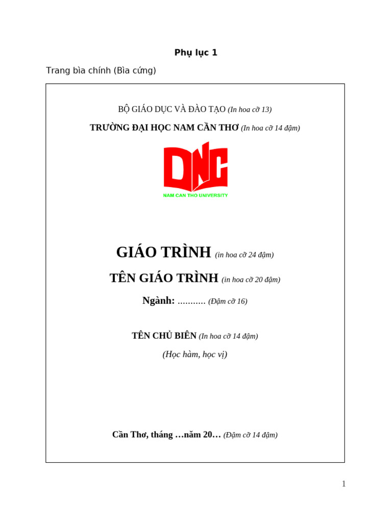 Phụ Lục 1. TRANG BÌA CHÍNH (Bìa Cứng) VÀ PHỤ BÌA (Trang Trong) | PDF