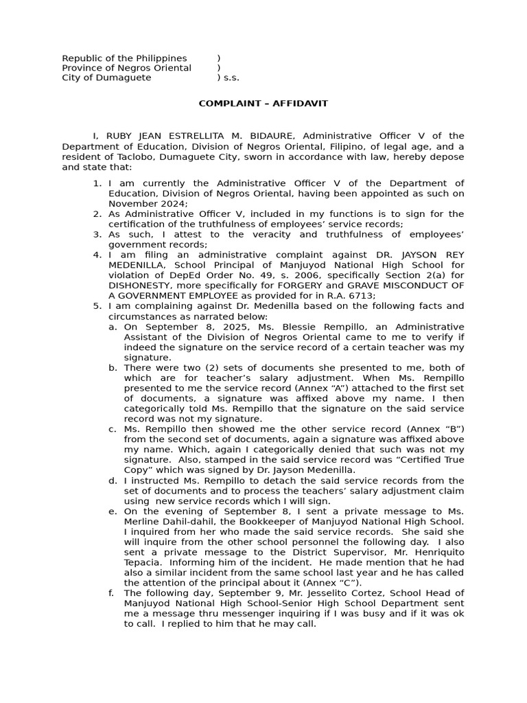 Complaint Affidavit Against Principal Medenilla | PDF