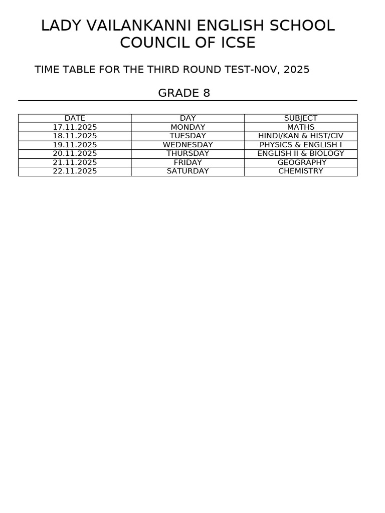 Time Table For Third Round Test-Grade 1 | PDF