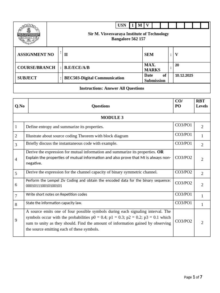 Digital Communication Assignment Questions | PDF | Encodings | Algorithms