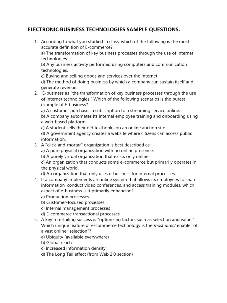 Electronic Business Technologies Sample Questions | PDF | E Commerce | Electronic Business