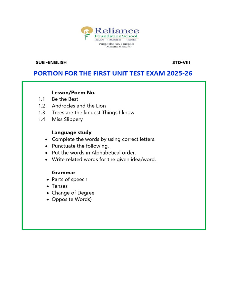 1st Unit Test Portion - VIII | PDF