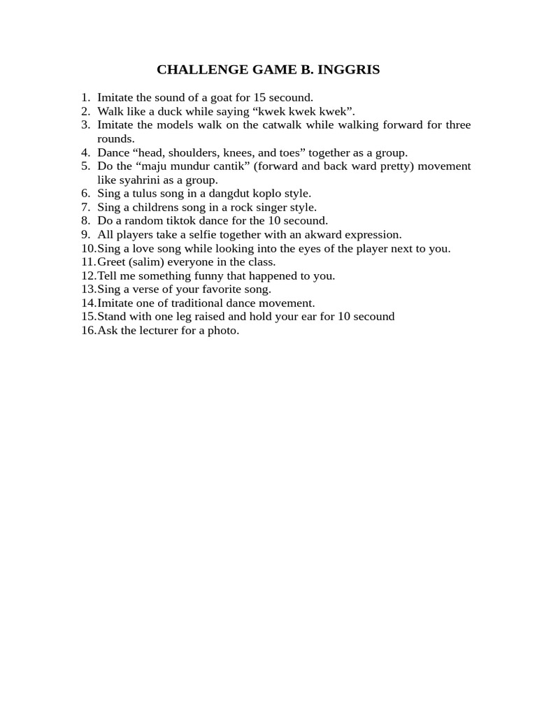 Fun Challenge Game Activities List | PDF