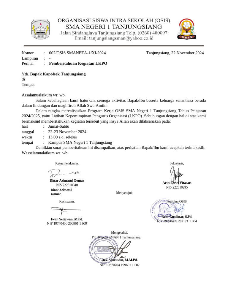 Surat Pemberitahuan Kegiatan Lkpo, 22 November 2024 | PDF