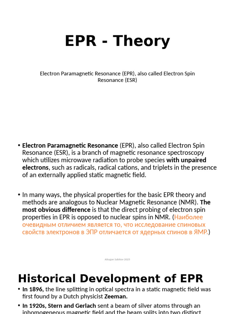 EPR Spectroscopy: Theory and Applications | PDF | Electron Paramagnetic ...