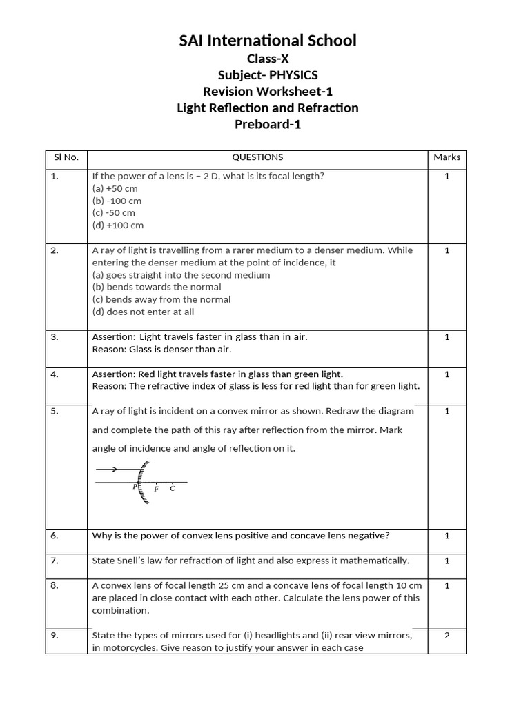 Physics Exam Oriented Worksheet Light CL X | PDF | Light ...