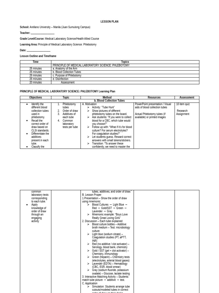 Phlebotomy Lesson Plan for Medical Students | PDF | Body Fluids ...