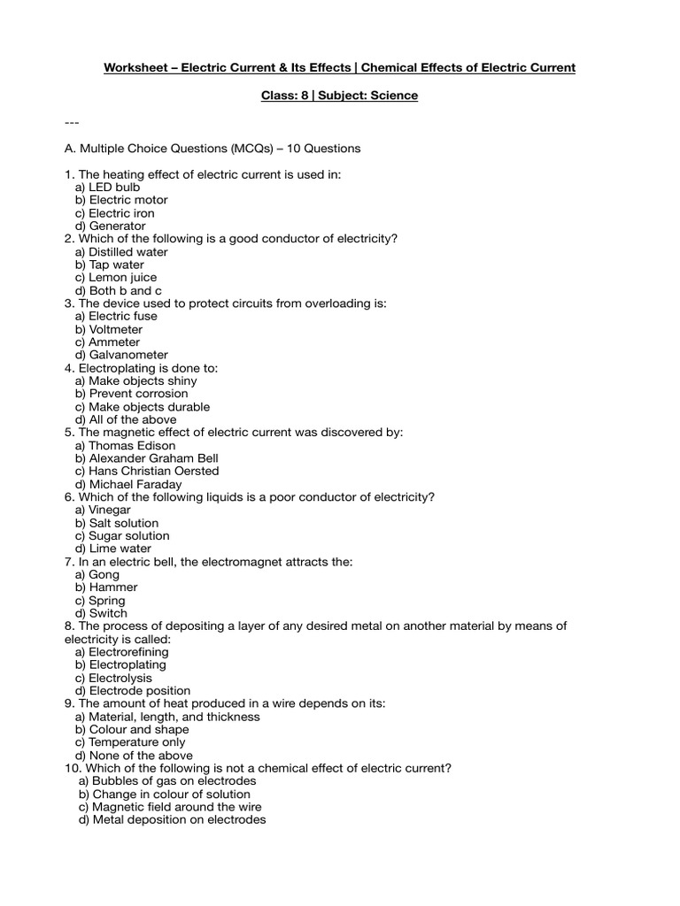 Worksheet - Electric Current & Its Effects - Chemical Effects of ...