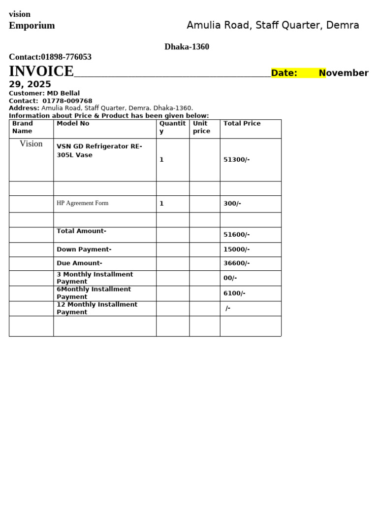 Vision Refrigerator Invoice Details | PDF