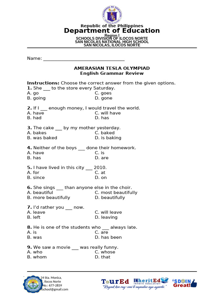 English Grammar Review Quiz | PDF