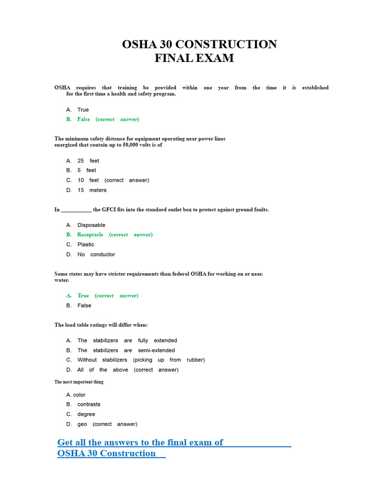 OSHA 30 Construction Final Exam Answers | PDF | Occupational Safety And ...