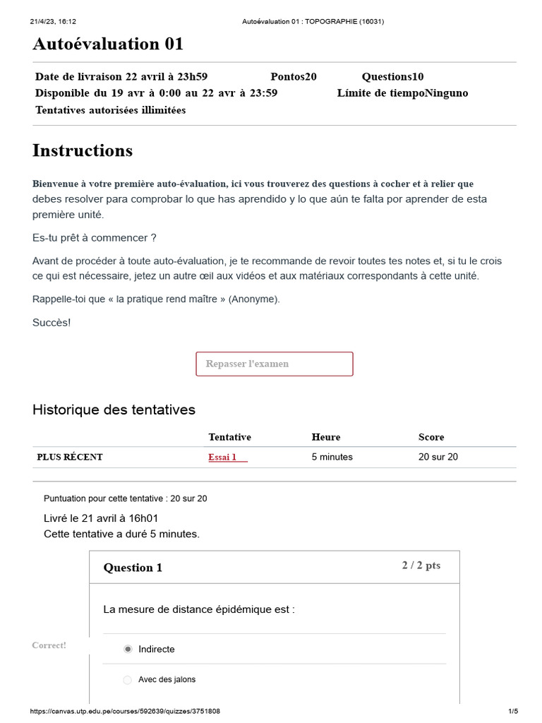 Autoévaluation Topographie 01 : Questions et Réponses | PDF
