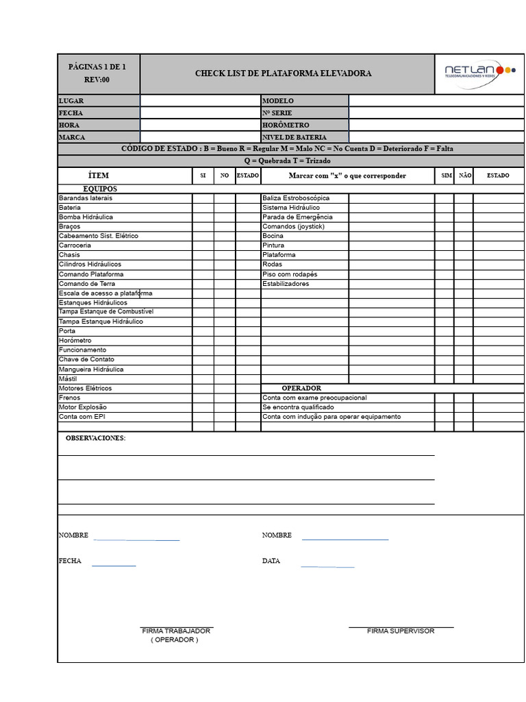 Check List Elevador Plataforma (E) | PDF