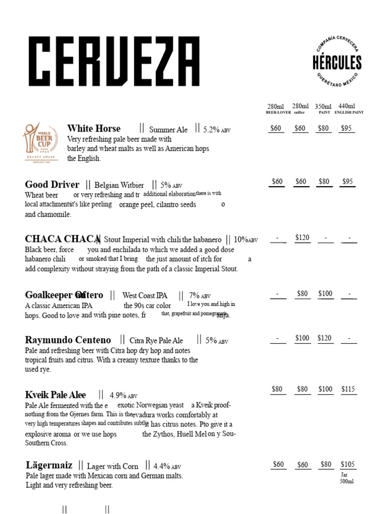 Hercules Menu | PDF | Beer | Ale