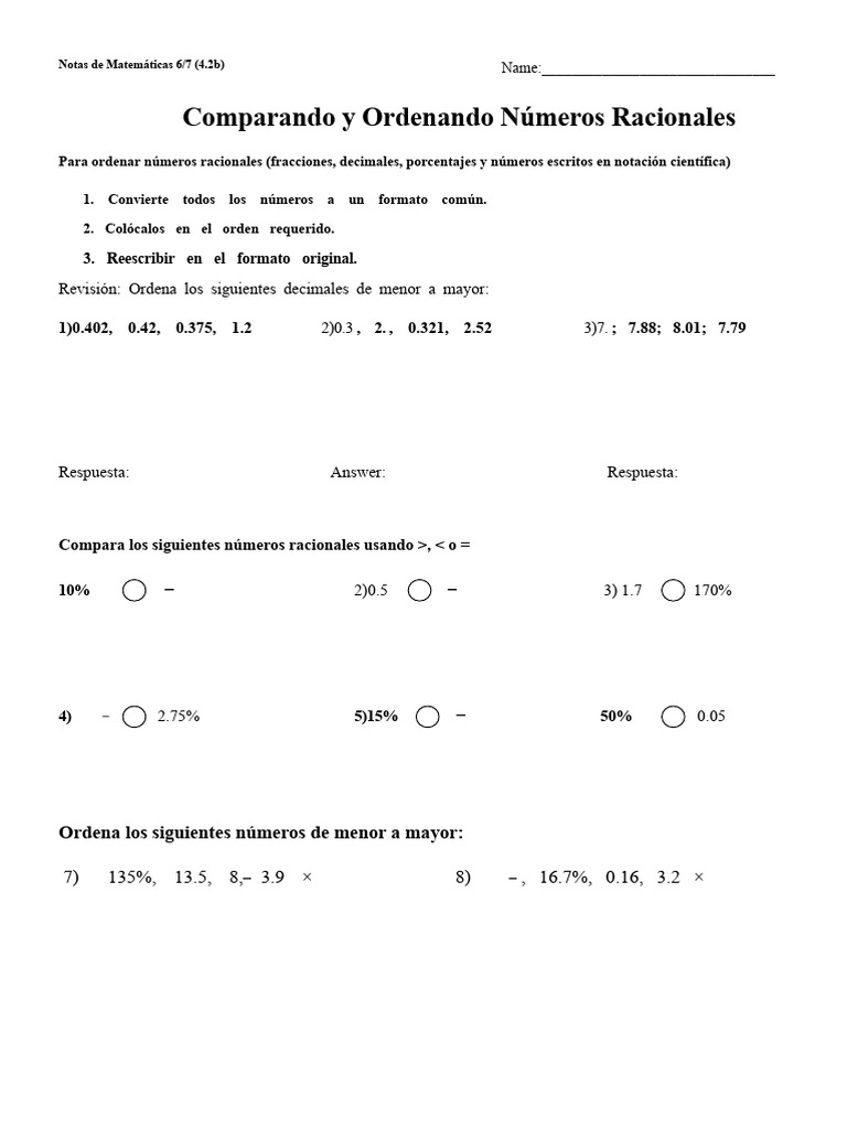 _Comparando la Ordenación de Números Racionales Tarea | PDF | Número ...