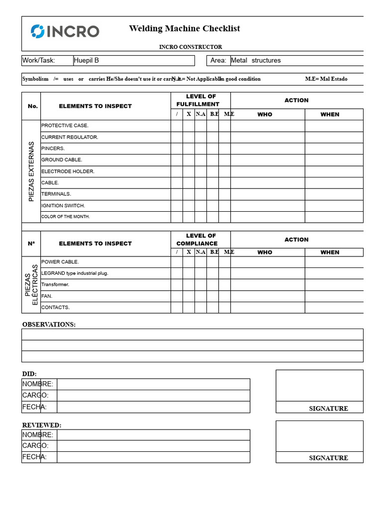 Welding Machine Inspection Checklist | PDF