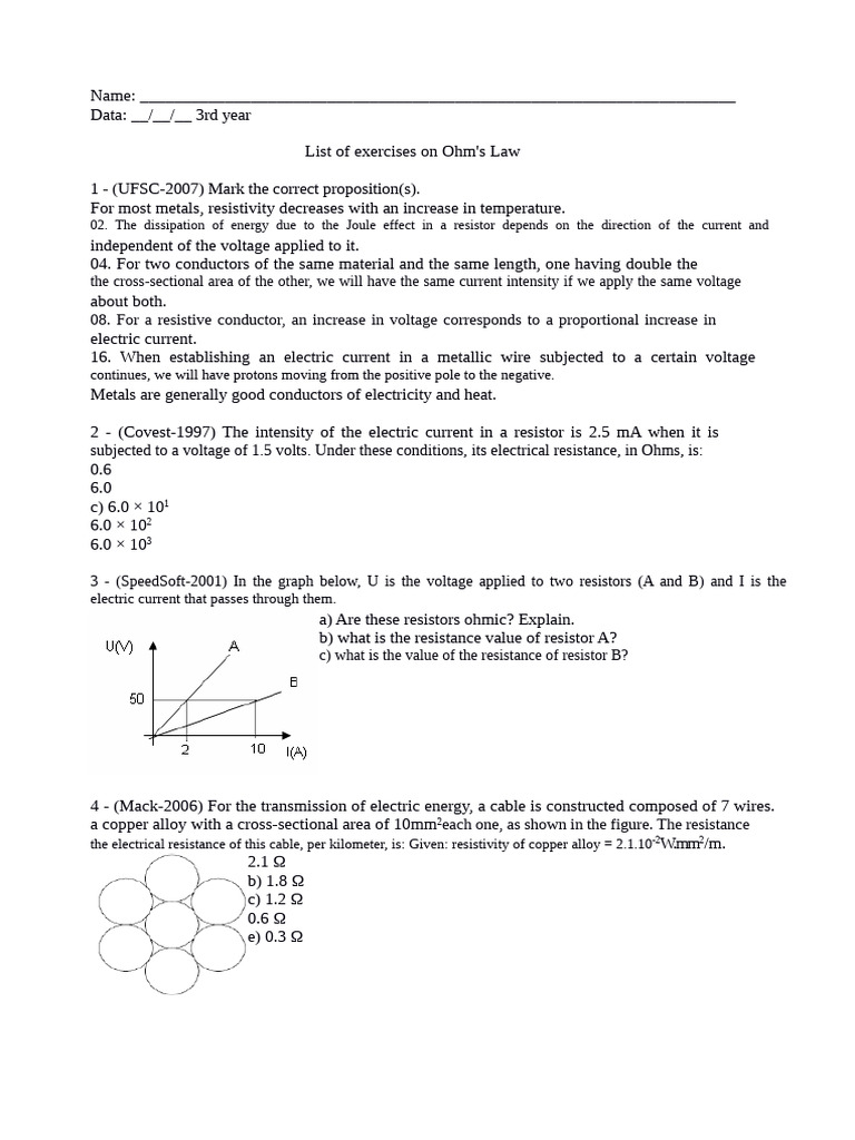 List of Exercises On Ohm's Law | PDF | Electric Current | Resistor