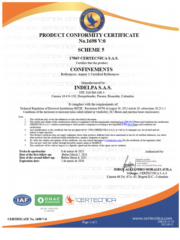 Certificate Product - Distribution Boards - INDELPA | PDF