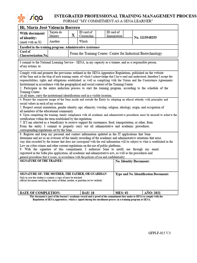 SENA Learner Commitment Form | PDF | Identity Document | Identity ...