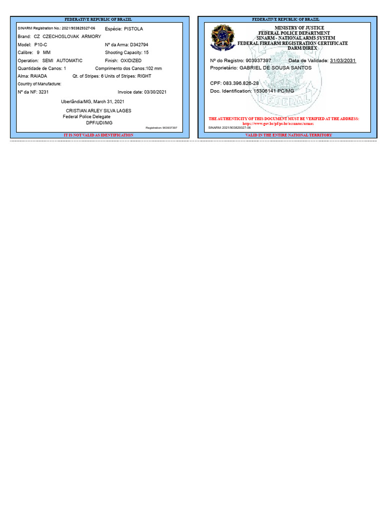Brazil Federal Firearm Registration Certificate | PDF