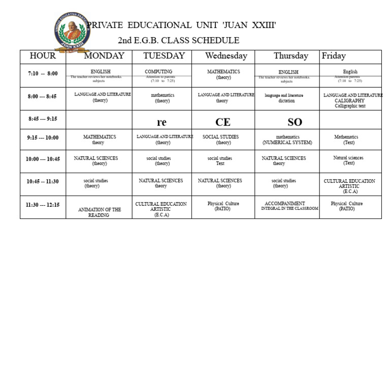 SCHEDULE FOR 2ND E.G.B. CLASSES. | PDF