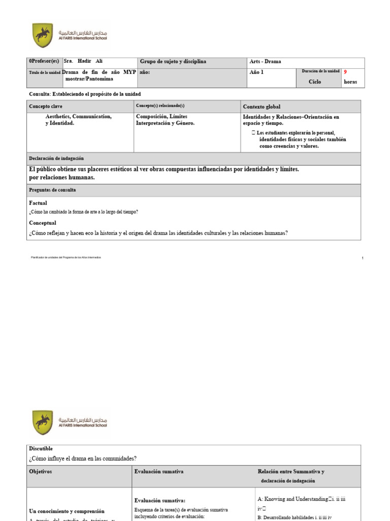 Plan de Unidad MYP - Drama de 2º Año | PDF | Enseñando | Teatro
