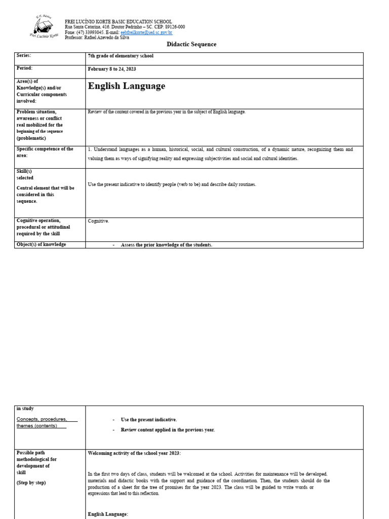1 - Didactic Sequence - English - 7th Grade - 080223 - 240223 | PDF ...
