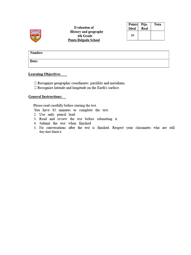4th Grade Geography Test Instructions | PDF