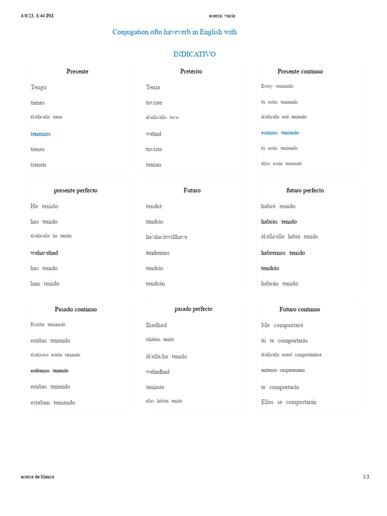 Tabla de Conjugación Del Verbo "Tener" | PDF | Verbo | Morfología