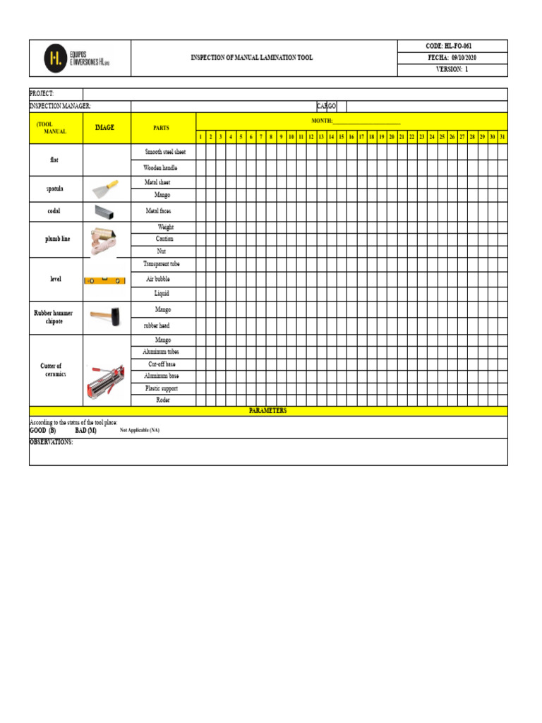 Hl-Fo-061 Inspection of Manual Tool For Laminating | PDF | Materials ...