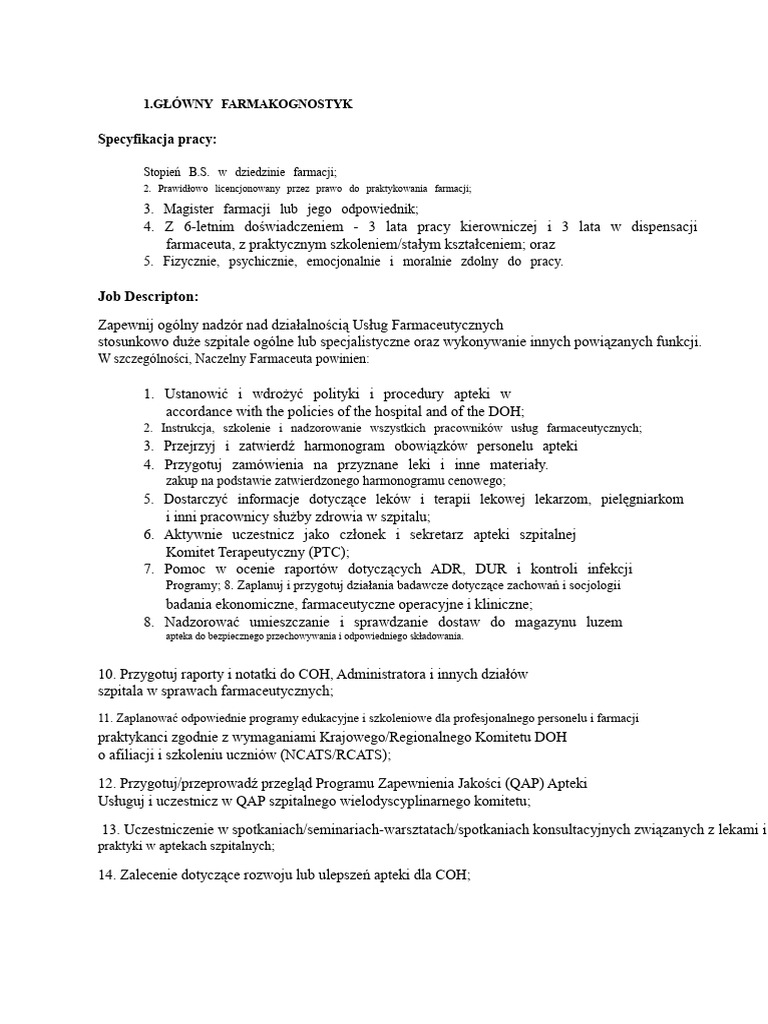 Opisy Stanowisk Farmaceutów Szpitalnych W Oparciu o Wytyczne DOH Na ...