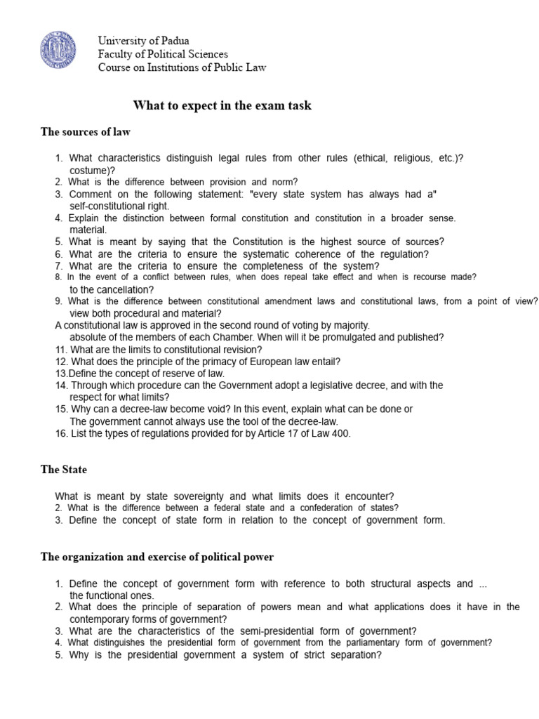Examples of exam questions Public Law Prof. Gerotto | PDF | Decree ...