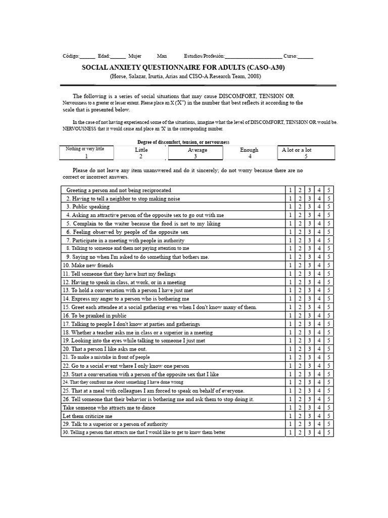 Social Anxiety Questionnaire for Adults | PDF | Anxiety | Psychology