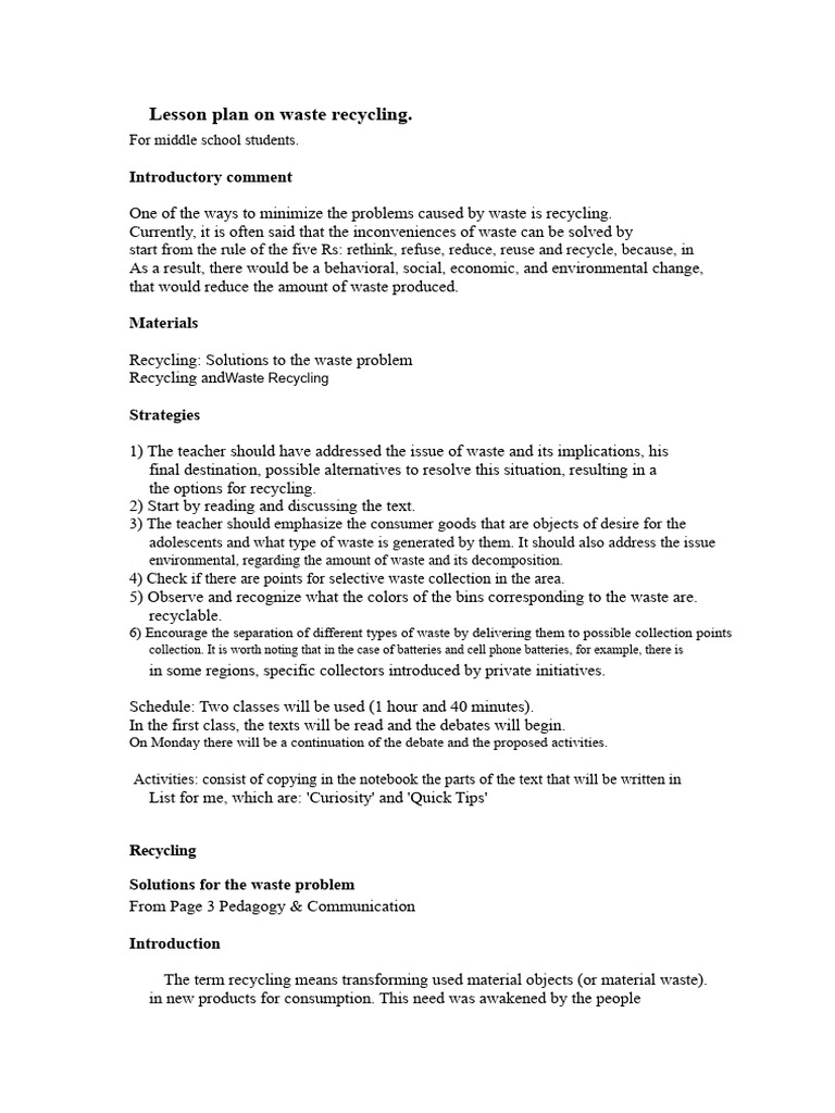 Middle School Waste Recycling Lesson Plan | PDF | Recycling | Waste